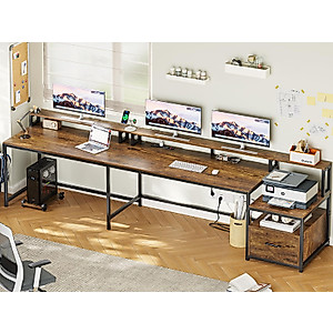 SEDETA L Shaped Desk, 66" Home Office Desk with File Drawer & Power Outlet, Gaming Desk with Led Lights, Corner Computer Desk with Monitor Shelf, Printer Storage Shelves, Two Person Desk, Rustic Brown