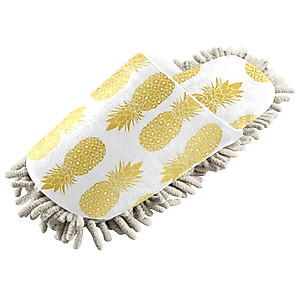 Kigai Microfiber Cleaning Slippers Gold White Pineapples Washable Mop Shoes Slipper for Men/Women House Floor Dust Cleaner, Size L
