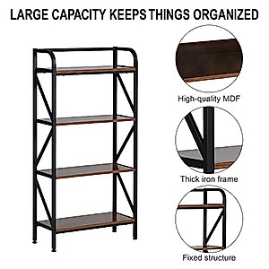 MAISON ARTS 4 Tier Bookshelf, 47" Free Standing Bookcase, Modern Metal Frame Book Shelf for Living Room Home Office, Rustic Brown