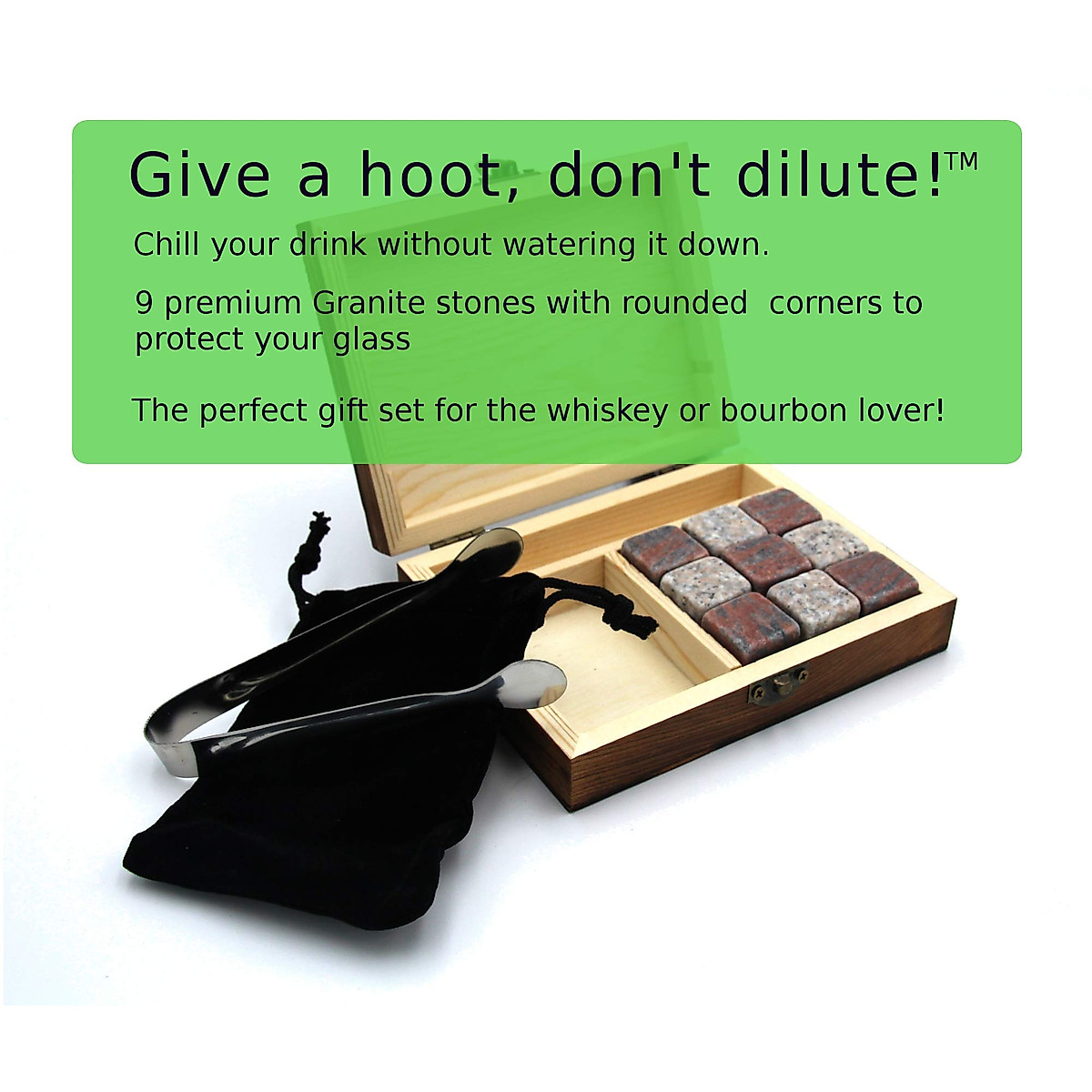 Whiskey Stone Gift Box set with 9 Premium Granite Stones (Won't Water Down Your Drink!), Wood Box, Velvet Carrying Bag and Tongs (Natural Red)