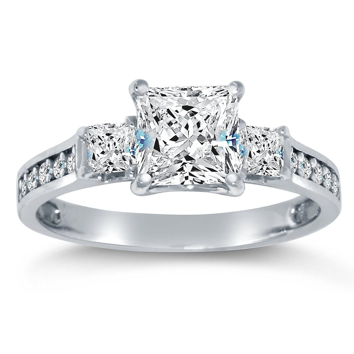 Size 7 - Solid 925 Sterling Silver CZ Cubic Zirconia 3 Three Stone Engagement Ring - Princess Cut Solitaire with Round Side Stones (1.75cttw., 1.5ct. Center) - With Elegant Velvet Ring Box