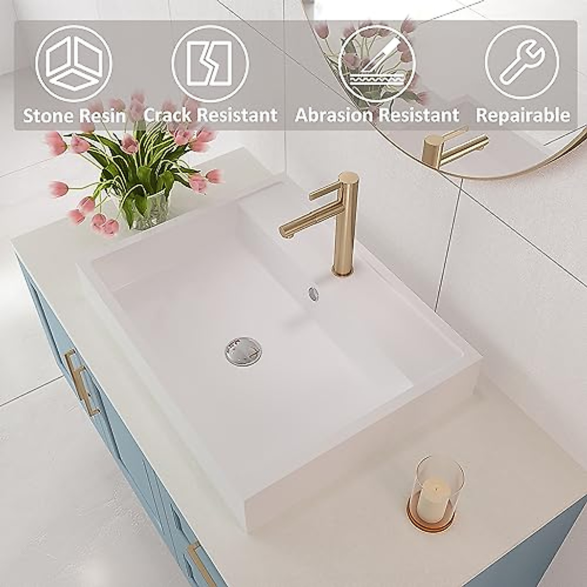 ARTSTONE 23.6 x 18.5 inch Bathroom Vessel Sink with Pop-up Drain Combo Above Counter, Stone Resin Rectangle Bathroom Sink with Overflow, Vanity Countertop Bowl Sink Washing Basin, White