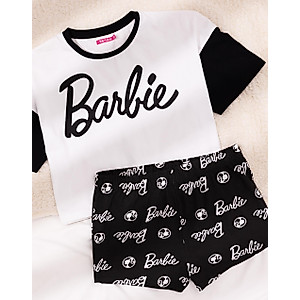 Barbie Womens Pyjama Set | Ladies White Cropped T-Shirt & Black Elasticated Shorts Complete PJs | Fashion Doll Sleepwear