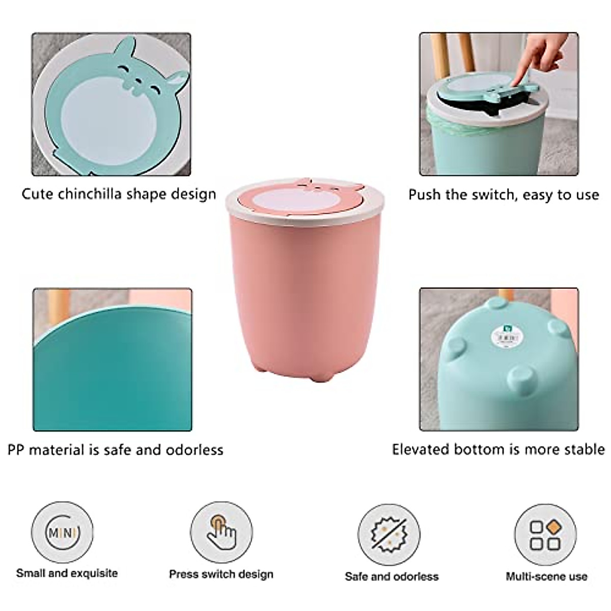 HTERDR Mini Countertop Trash Can with Lid for Office Desktop Coffee Table Kitchen Cute Bunny Garbage Can Small Desktop Trash Can Press Cover Bucket Small Paper Basket Pink