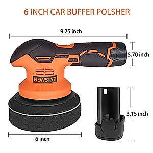 NEWSTYP 6 Inch Cordless Car Buffer Polisher with 2Pcs 12V 2.0Ah Rechargeable Battery, 6 Variable Speed, 5000RPM, Wireless Buffer Polisher Kit for Waxing/Car Detailing/Car Scratch Repairing/Sander