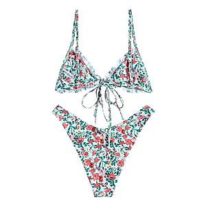 ZAFUL Women's Ruffled Textured Bow Tie Bikini Ditsy Floral Printed Swimsuit Two Piece Bathing Suit Green L