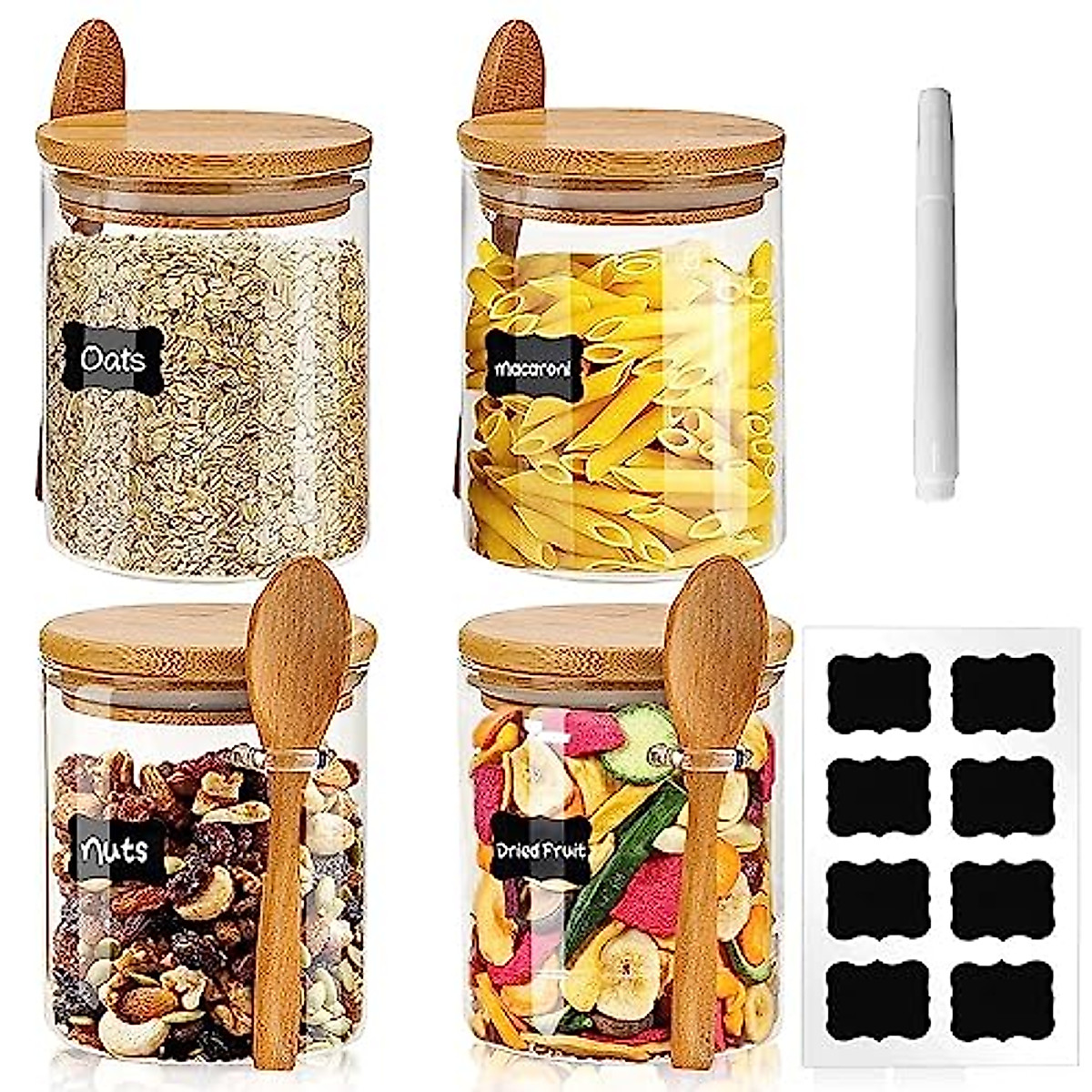 SNGKMSYG Glass Jars with Bamboo Lid & Bamboo Spoons, 18.26 OZ Glass Food Storage Jars, 100% Heatproof Sealed Glass Canisters Jars for Overnight Oats,Spice,Cookies,Candy,Coffee Beans or Nuts 4 Pack