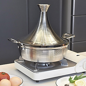 Topjia Moroccan Tagine Cooking Pot,Stainless Steel Non Stick Moroccan Casserole with 2 Handles,Large Moroccan Cooker Handmade Tagine Pot with Cone-Shaped Lid(23cm, Silver), 1776982