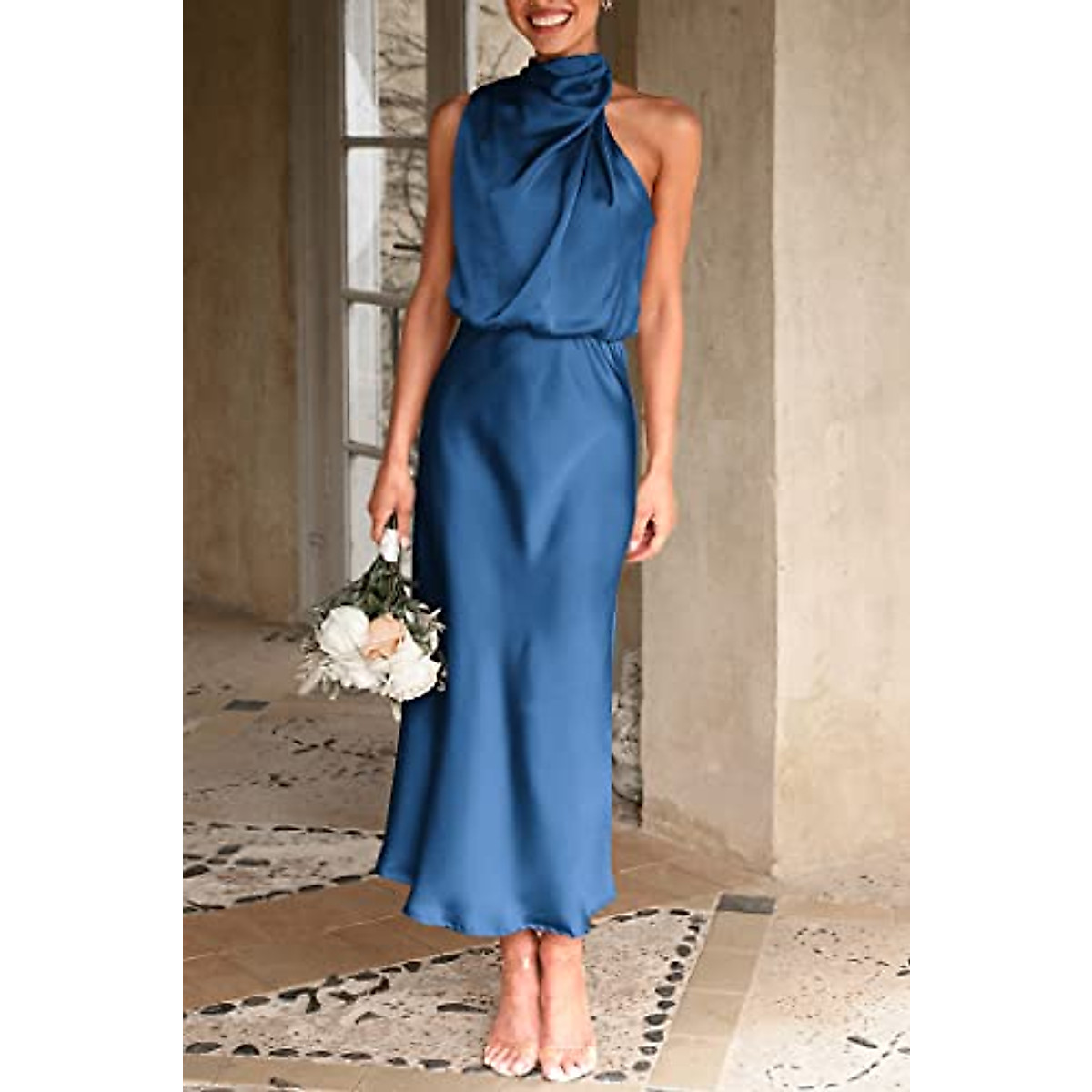 PRETTYGARDEN Women's 2023 Summer Satin Dress Elegant Sleeveless Mock Neck Cocktail Party Maxi Dresses (Dark Blue,Small)