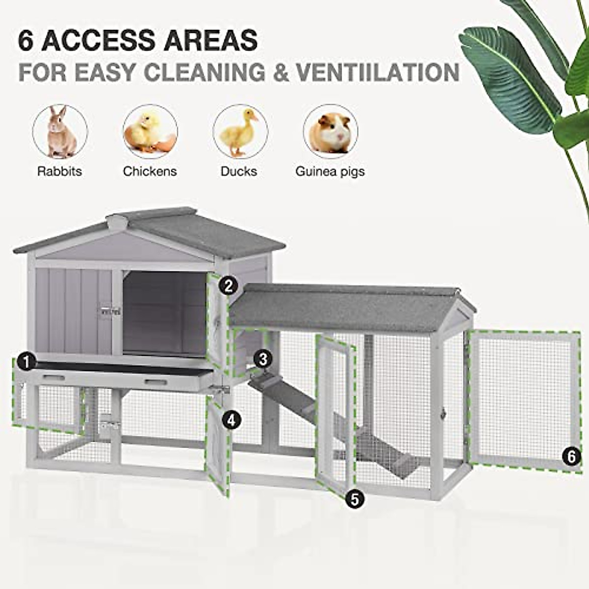 MEDEHOO Chicken Coop Wooden Outdoor Hen House 6 Access Doors Rabbit Hutch with Run, Deeper Leakproof Pull-Out Tray and Weatherproof Roof