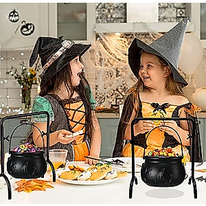 Ahzemepinyo Halloween Witches Cauldron Serving Bowls Rack Decor Set 2 Pieces Black Plastic Candy Bucket Cauldron with 2 Pieces Cauldron Rack for Halloween Party Trick or Treat Decorations