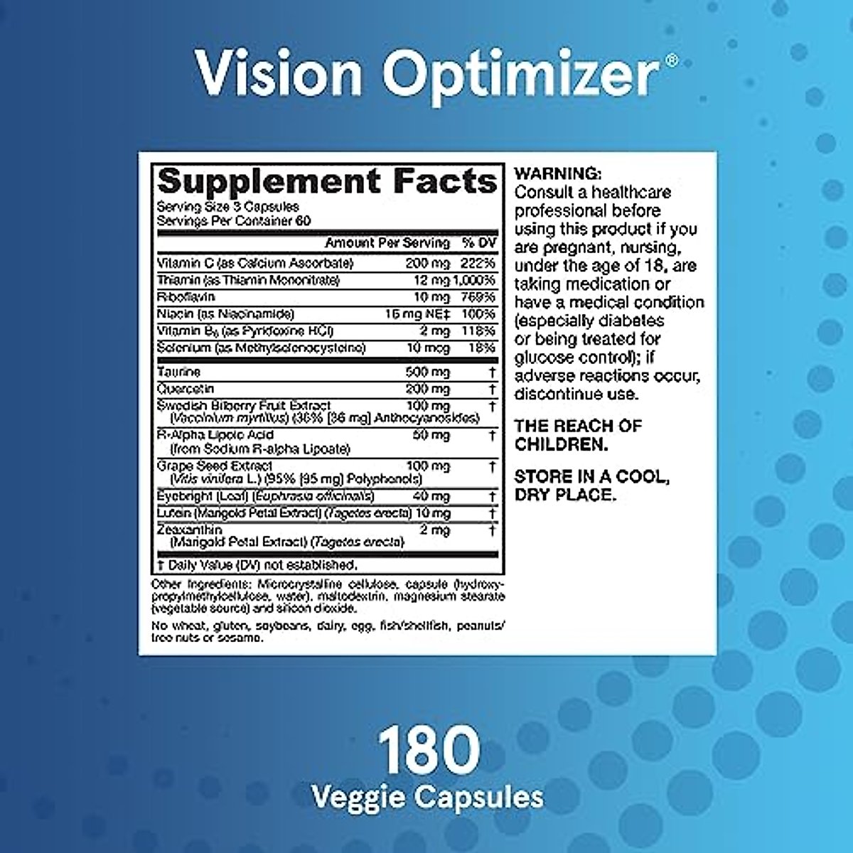 Jarrow Formulas Vision Optimizer Veggie Capsules - 180 Count - Eye Supplement - Dietary Supplement - with Grape Seed Extract, Lutein & Zeaxanthin, Quercetin & More - Non-GMO - Gluten Free