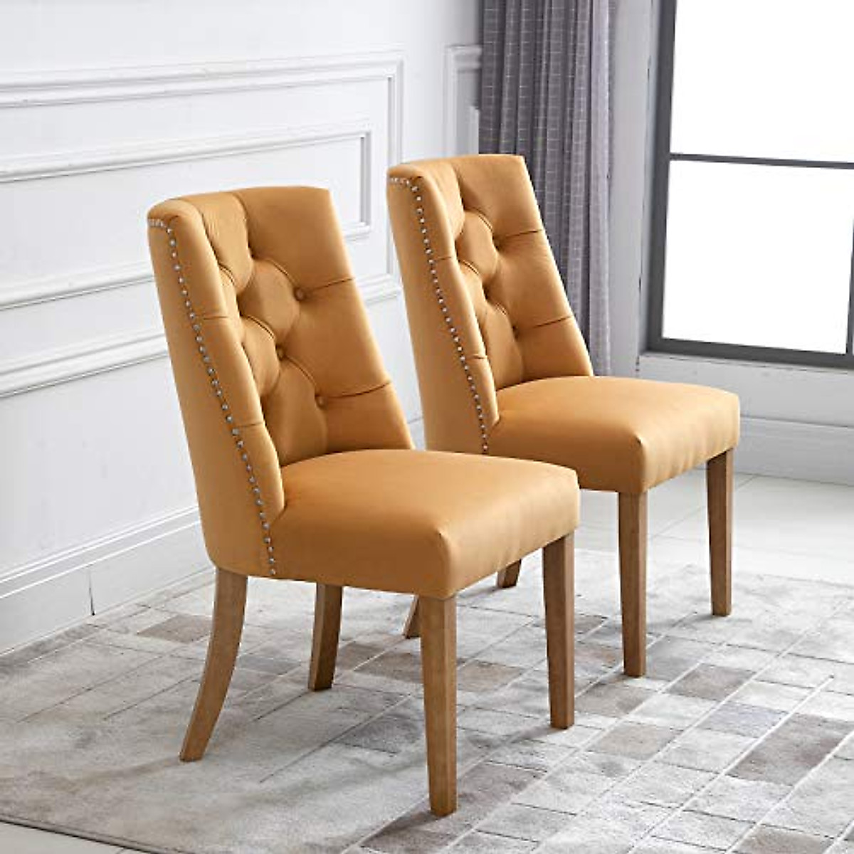 Dolonm Modern Dining Chairs Set of 2 Upholstered Button Tufted Dining Chair with Nailhead Trim Accent Wingback Velvet Wooden Chair for Dining Room Kitchen Bedroom (Orange)
