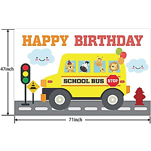 Yellow School Bus Happy Birthday Banner Backdrop Background Photo Booth Props Back to School Wheels on the Bus Theme Decor for First Day of School Welcome Party 1st Birthday Party Favors Decorations