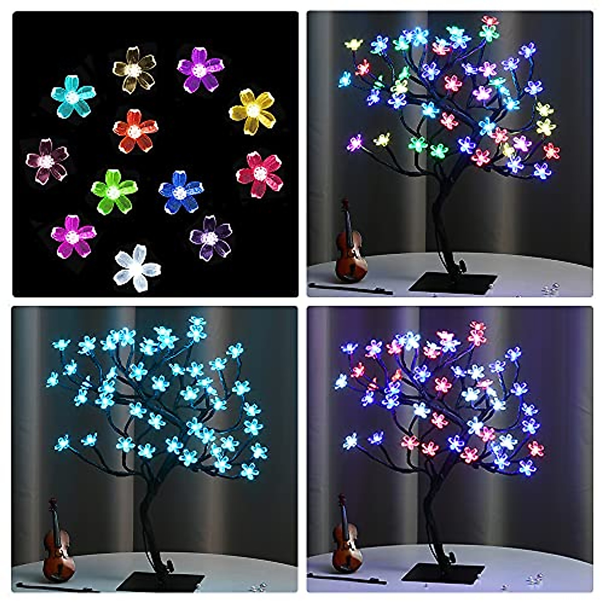 Pooqla 18 Inch 48 LED RGB Cherry Blossom Tree Light with Remote 16 Color-Changing LED Artificial Flower Bonsai Tree Table Top Lamp Home Lit Tree Centerpieces Christmas Mother's Day Gift Decoration