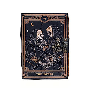 Book of Spells Leather Journal Deckle Edge Paper Grimoire Printed Journal The Lovers Tarot Notebook Spiral Gothic Notebook Skull lover Antique Vintage Leather Journals for Men and Women