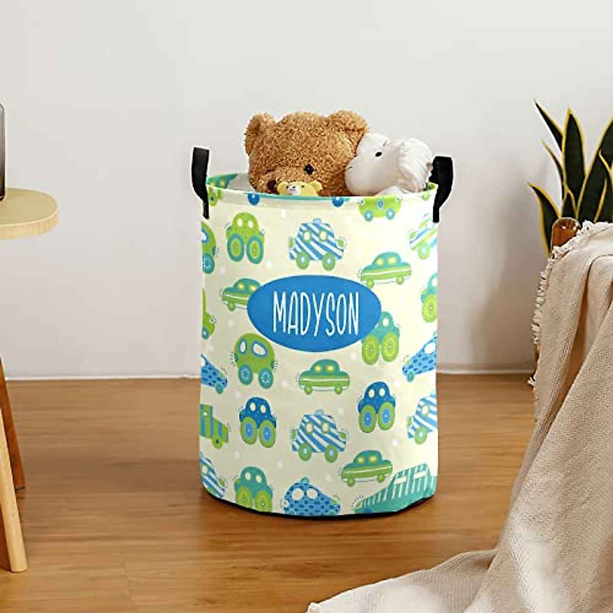 Personalized Laundry Basket with Name Custom Laundry Hamper for Boys Collapsible Durable Toys Organizer Storage Round Baskets Nursery Bedroom Decor (Car 01)