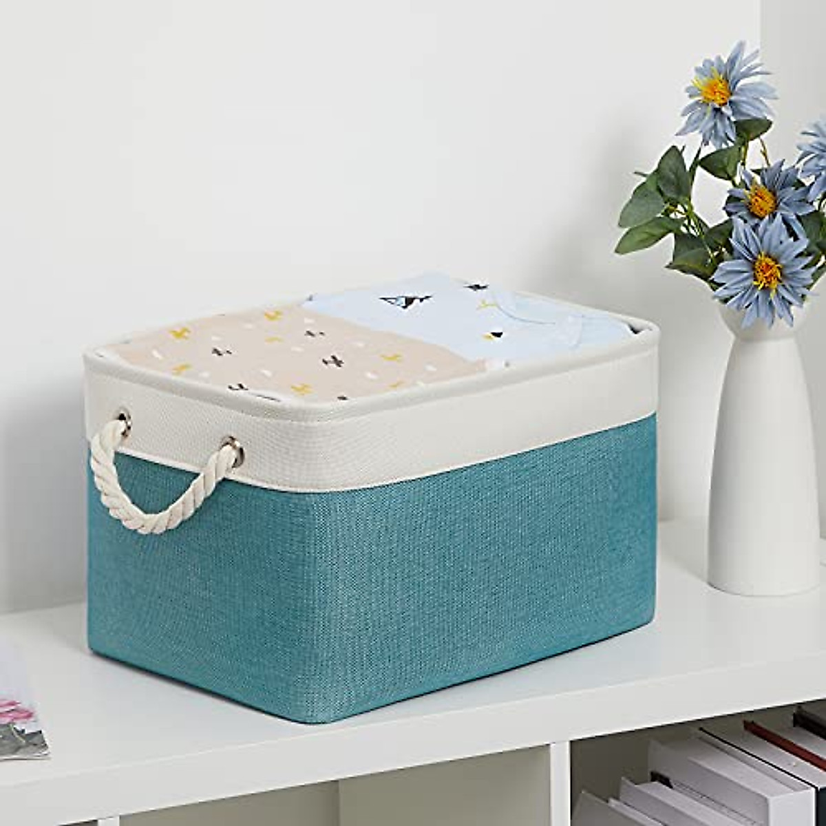 Bidtakay Set of 4 Bundled Baskets Storage Bins with Handles 15 X 11 X 9.5 Inches (White&Teal Blue)