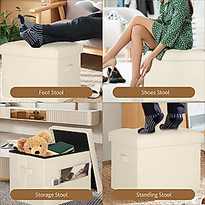 BelugaHelper Storage Ottoman Foot Rest Stool, Folding Leather Footstool Bench with Thicker Foam Padded Seat. Short Foot Stool Ottoman with Storage for Living Room Bedroom 350 lbs, 17x13x13in, Beige