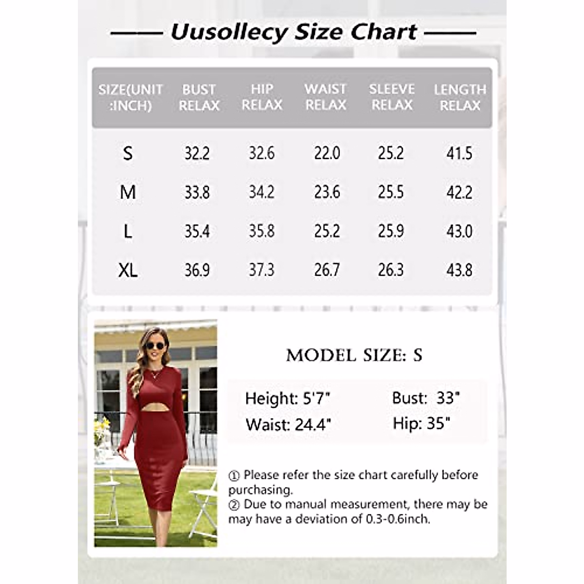Uusollecy Women's Long Sleeve Cutout Dress, Sexy Bodycon Midi Dresses, Fall Dress for Women Knee Length Red X-Large