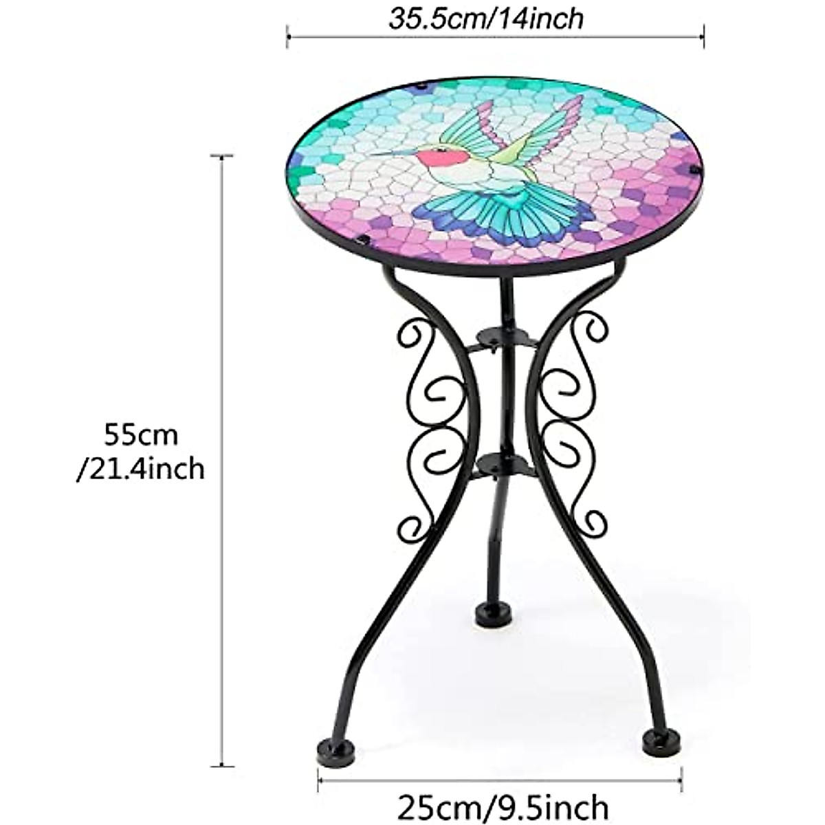 Outdoor Patio Side Table, 21" Round End Table with 14" Hummingbird Pattern Glass Top, Small Accent Table Bistro Coffee for Living Room Porch Balcony Garden Yard