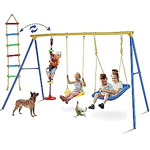 4 in 1 Swing Set for Backyard, Heavy Duty A-Frame Metal Outdoor Stand, 550 lbs Weight Capacity Adjustable Playground Playset for Kids Toddlers with 2 Swing Seat, Climbing Ladder and Climbing Rope
