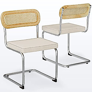 Brafab Mid Century Modern Dining Chairs Set of 2, Accent Kitchen Chairs with Natural Rattan Backrest, Modern Industrial Upholstered Metal Chairs for Dining Living Room Kitchen（White）