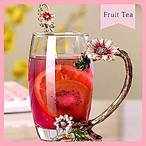 JY-Danbady Enamel Sunflower Crystal Lead-Free Glass Tea Cup with Spoon Set, Present for The Christmas, Valentine's Day.Best Present for Mother, Grandma, Girlfriend, Sister.