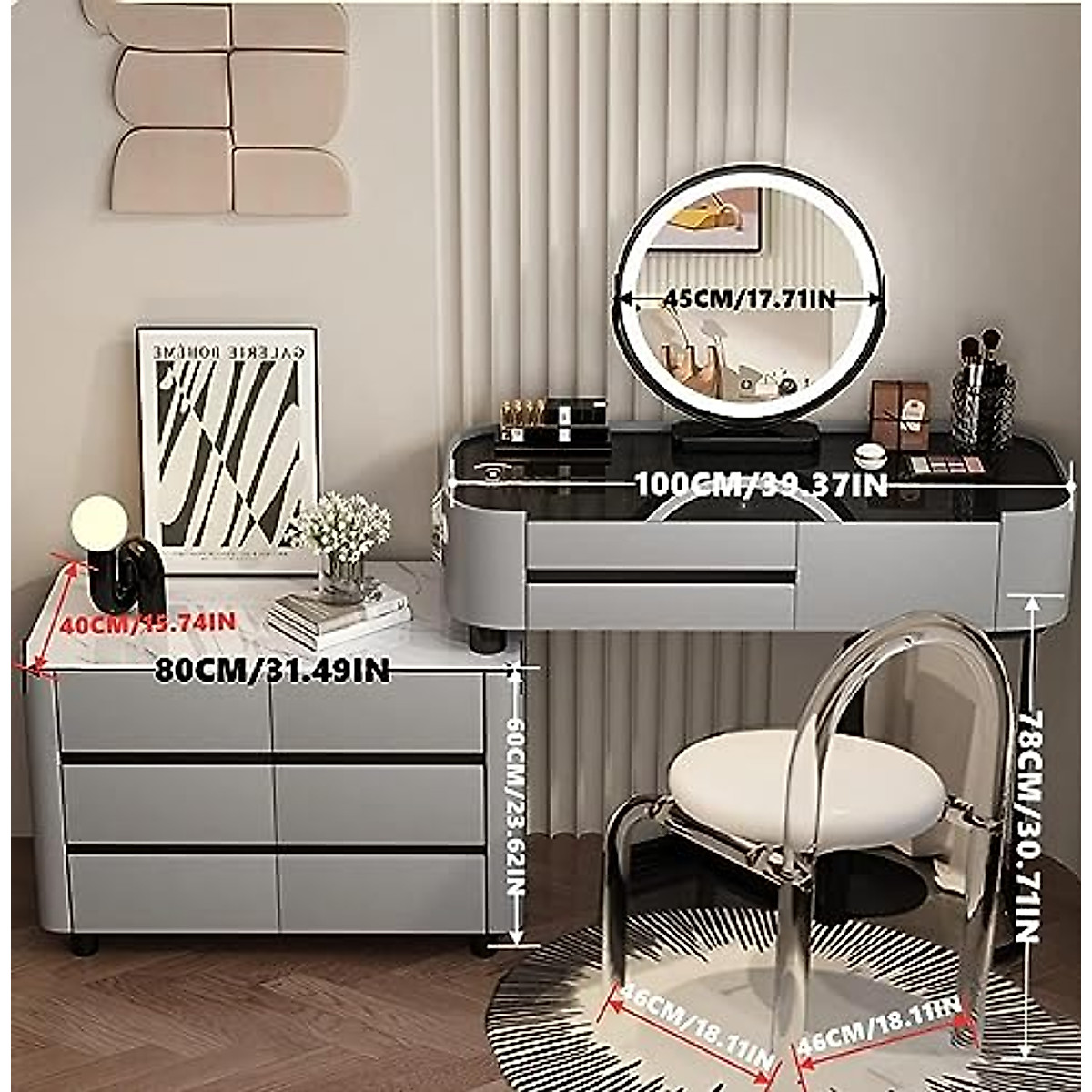 ZGNBSD Vanity Set - Makeup Vanity Table with Charging Station & Bluetooth Speaker, 9 Drawers Smart Vanity, Contains Acrylic Makeup Chair and Smart Makeup Mirror, Suitable for Her