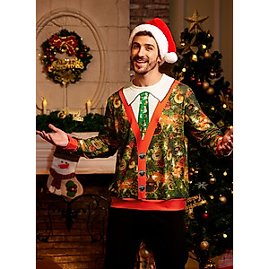 Arvilhill Christmas Men's Ugly Holiday Party Sweatshirt Tie Printed Light Bulb Long Sleeve Sweater Xmas Bells 2XL