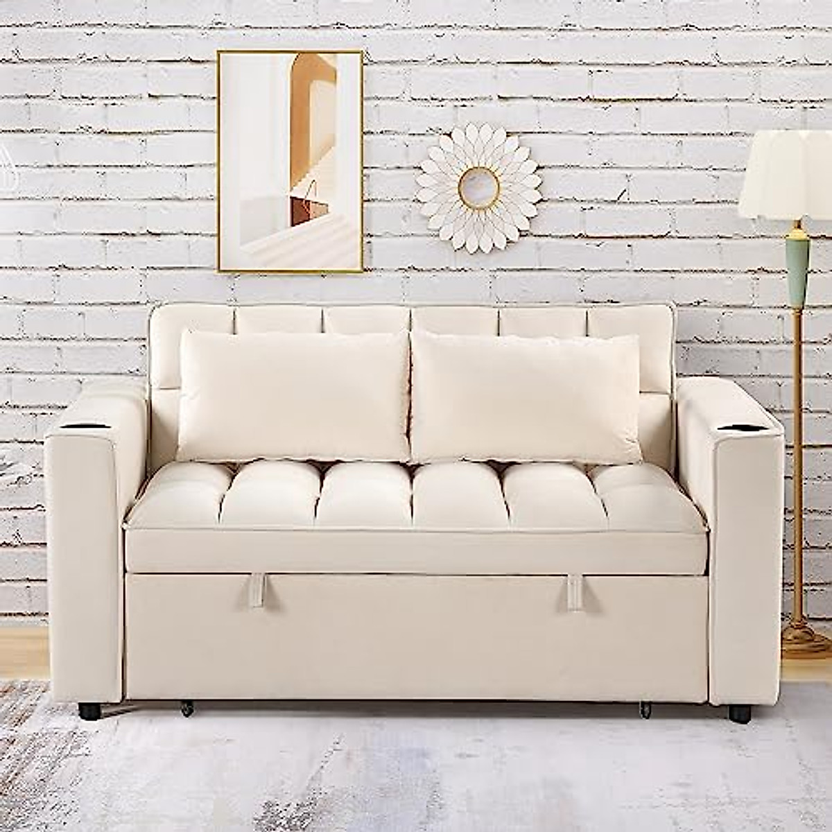 Verfur 3 in 1 Multi-Functional Futon Couch Pull Out Sleep, 2 Seater Convertible Loveseats Sofa with Adjustable Backrest,Comfy Upholstery Sofacama Sofabed, White 55.3" w/Cupholders and USB Charge Ports