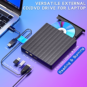 aelrsoch External CD/DVD Drive for Laptop DVD Driv with SD Card Slots Reader and 4 USB Ports, USB 3.0 Type-C CD/DVD Burner External Disk Drive Optical Compatible with Laptop Mac PC Windows 11/10/8/7