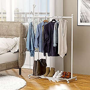 EKNITEY Clothes Garment Rack Portable - Rolling Clothing Organizer Rack on Wheels with Bottom Shelves (White)