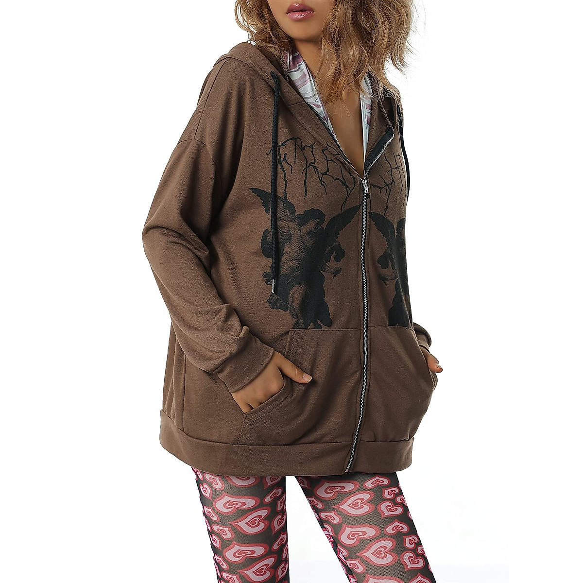 Yuemengxuan Women Man Goth Hoodie Sweatshirts Y2k Aesthetic Zip Up Jacket 90s Long Sleeve Graphic Coat Couple Top Streetwear (Coffee, L)