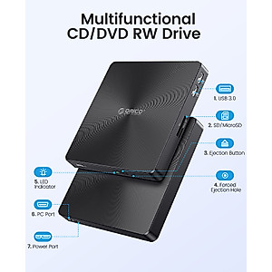 ORICO External CD DVD Drive for Laptop PC with USB Ports and TF/SD Card Slots Portable DVD Disc Drive Support M-DISC Compatible Windows Linux OS Mac System