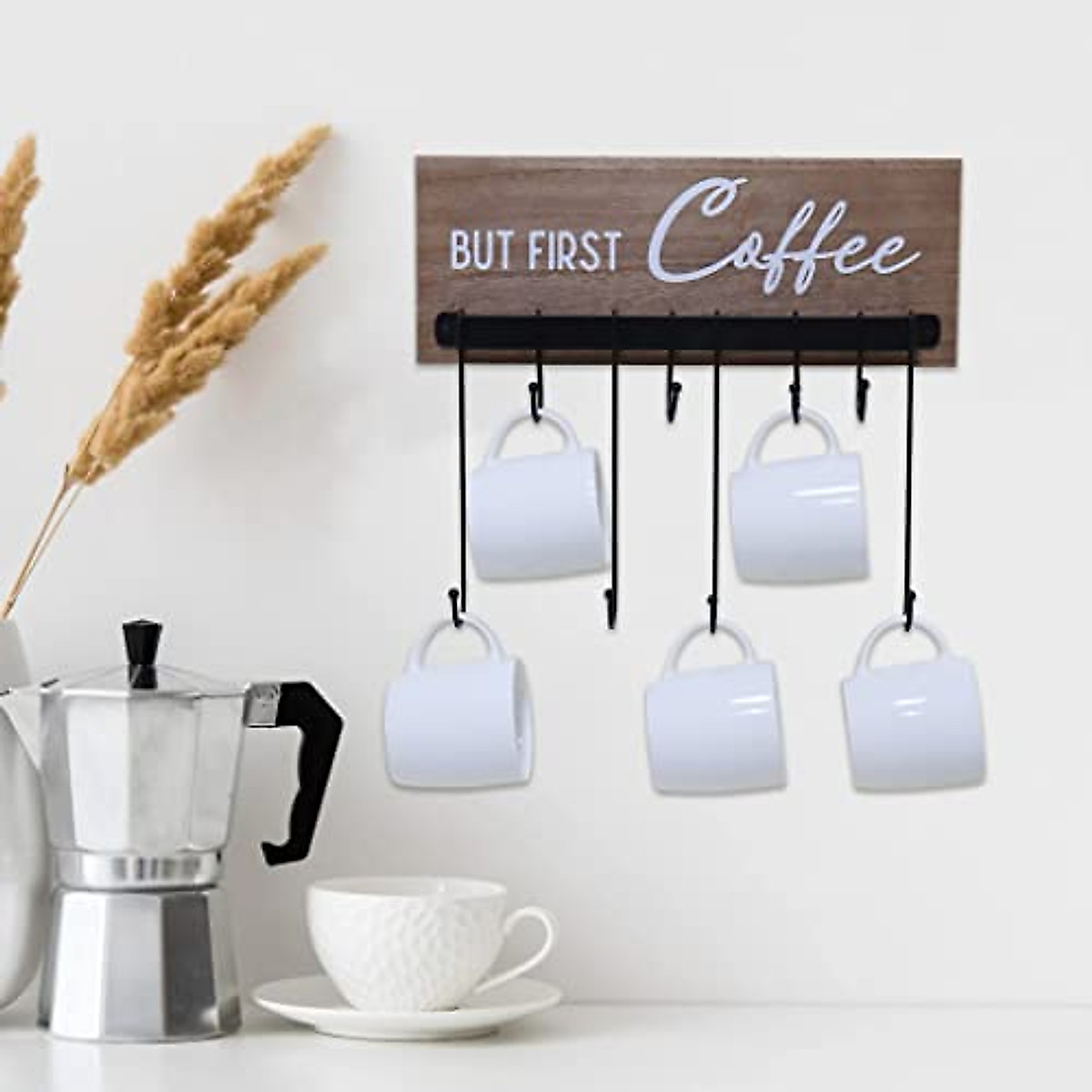 GENMOUS Rustic Coffee Mug Holder Wall Mounted for Mug Rack Organizer, Farmhouse Wood Coffee Cup Holder Tea Mug Rack Wood Storage Display Organizer Hanger for Home Kitchen Coffee Bar Wall Decor Brown