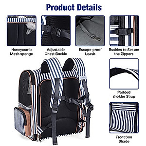 Lekebobor Large Cat Backpack Carrier Expandable Pet Carrier Backpack for Small Dogs Medium Cats Fit Up to 18 Lbs, Dog Carrier Backpack,Puppy Backpack Carrier, Blue Striped