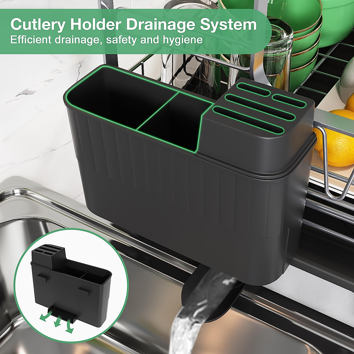 romision Stainless Steel Dish Drying Rack, Dish Racks for Kitchen Counter, Two Tier Dish Drainers with Cutlery Holder and Cup Rack, Large Dish Dryer Rack for Saving Space, Grey