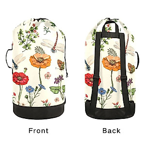 VIGTRO Spring Flowers Dragonflies Large Heavy Duty Laundry Backpack Hamper with Shoulder Strips and Drawstring, Summer Poppies Green Leaves Nylon Waterproof Laundry Bag Durable for Dorm Laundromat Travel