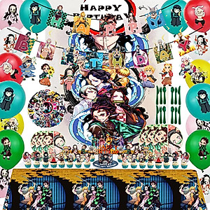 demon party supplies,birthday party decorations,including banners,balloons,cake toppers,backdrops,spiral hangings,tablecloths,fork,spoon,Knife.