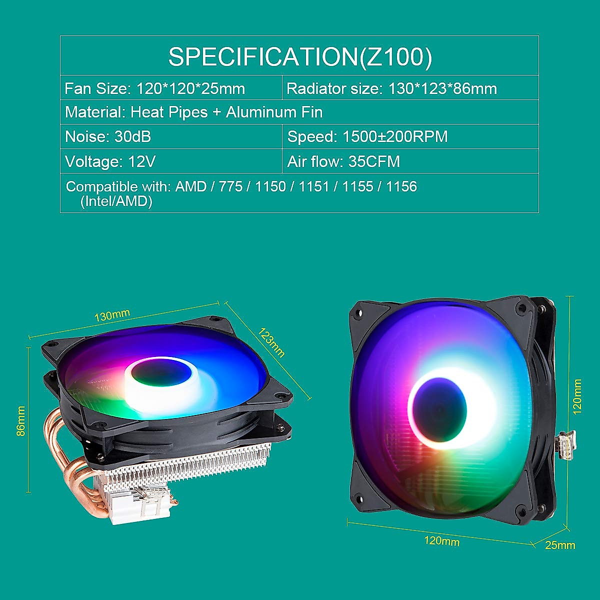 GOLDEN FIELD Z100 CPU Air Cooler 4 Heatpipes Heatsink 95W Radiator with 120mm Low Profile LED Fan for Intel LGA1151 and AMD AM4