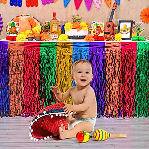 Mega-L Fiesta Party Decorations 2Pack Mexican Wavy Metallic Tinsel Foil Fringe Table Skirt for Dia De Los Muertos Table,Day of The Dead Decorations Perfect for Taco Birthday Party,Cinco de Mayo Decor