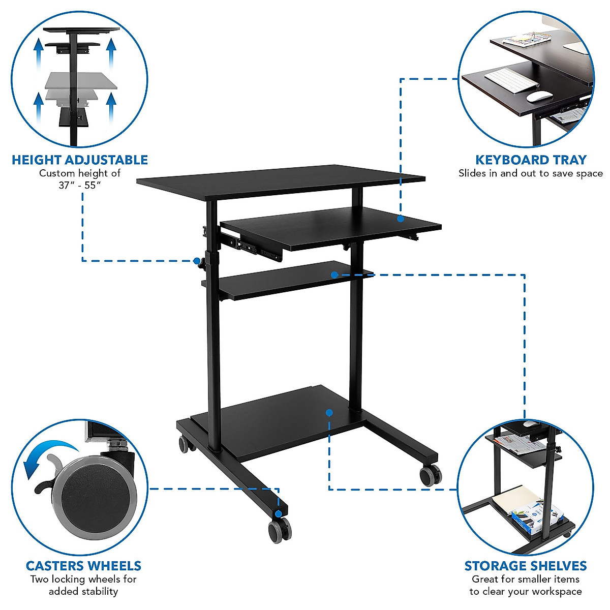 Mount-It! Mobile Standing Desk with Retractable Keyboard Platform | Height Adjustable Stand Up Computer Workstation | Locking Wheels, 99 Lbs Capacity