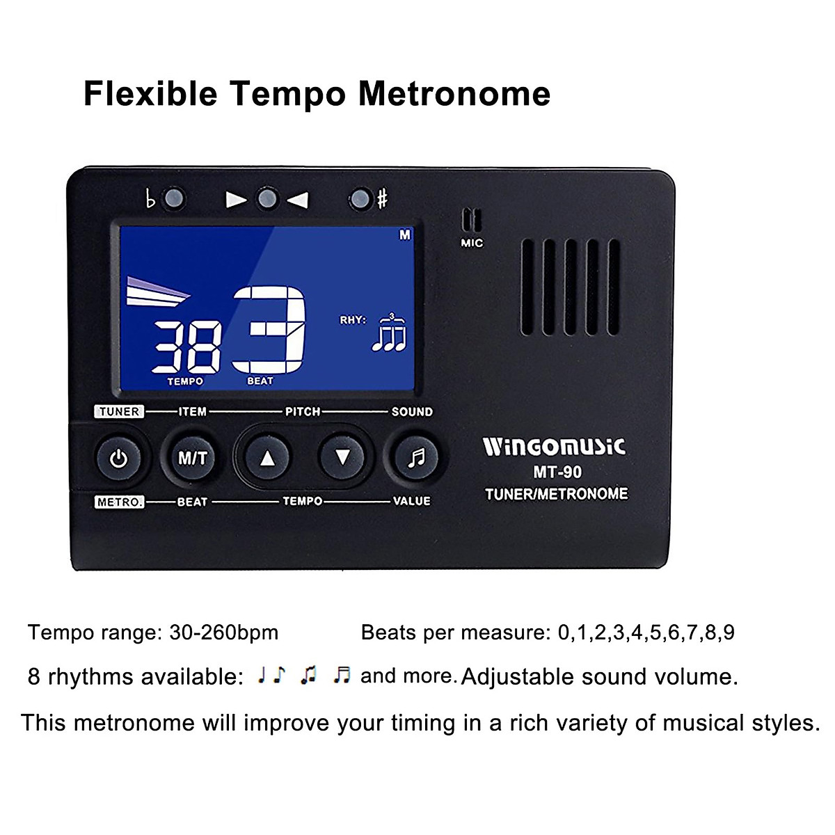 WINGO Digital Metronome, Tuner and Tone Generator - 3 in1 Device（Black)-for Chromatic, Guitar, Bass, Ukulele, Violin-Battery Included