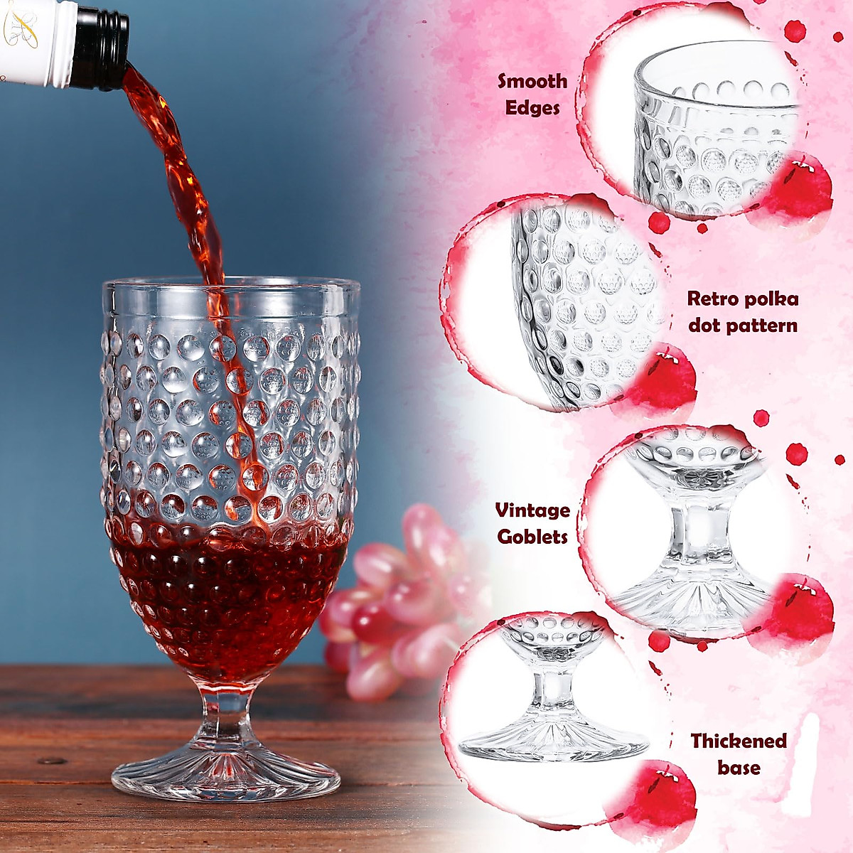 Uiifan 12 Pcs Glass Vintage Goblets 16 oz Large Capacity Polka Dot Embossed Goblets for Wine Juice Glasses Champagne Glasses Party Wedding Bar Supplies