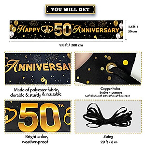 50th Wedding Anniversary Yard Sign Banner Decorations, Golden Happy 50th Anniversary Decorations Backdrop, 50 Years Anniversary Party Supplies Gold for Outdoor Indoor, Sturdy Fabric Vicycaty