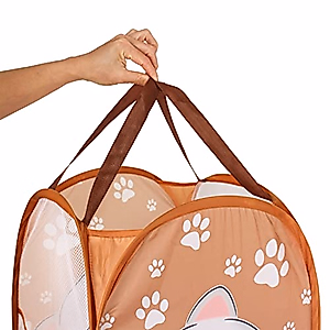 WEI LONG Mesh Popup Hamper-Foldable Lightweight Basket for Washing-Durable Clothing Storage for Kids Room,Students College Dorm,Home,Travel & Camping-Pop-up Clothes Hamper (Khaki Cat Paw)