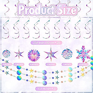 37 Pieces Home Iridescent Holographic Iridescent Party Supplies Kit Christmas Snowflake Hanging Honeycomb Ball Decorative Christmas Party Paper Fan Snowflake Garlands Star Hanging Swirl for Disco