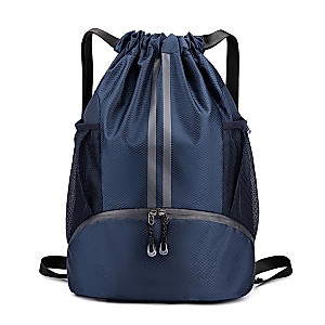 Valleycomfy Sports Drawstring Backpack - Water Resistant String Bag with Side Mesh Pockets Shoe Compartment Gym Backpack for Women & Men Navy Blue