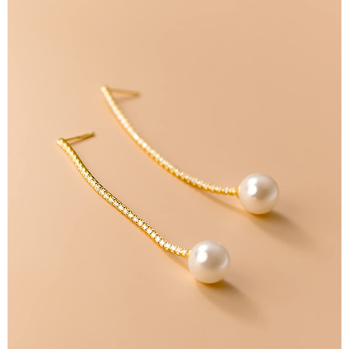 SLUYNZ 925 Sterling Silver Pearl Dangle Earrings Chain for Women Long CZ Dangling Earrings Pearl Drop (B-Gold Plated)